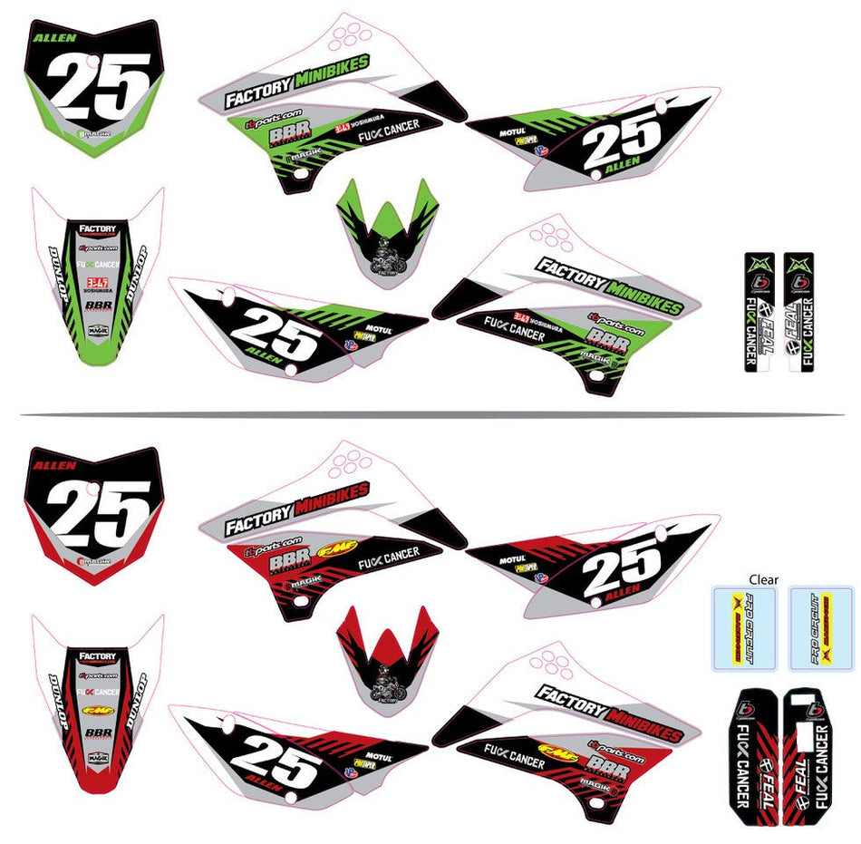 KLX140/L/G/RF Factory Minibikes Custom Graphics Kit w/ Name & Numbers