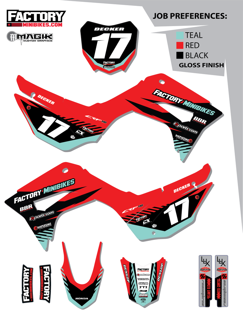 CRF110 Factory Minibikes Custom Graphics Kit w/ Name & Numbers ...