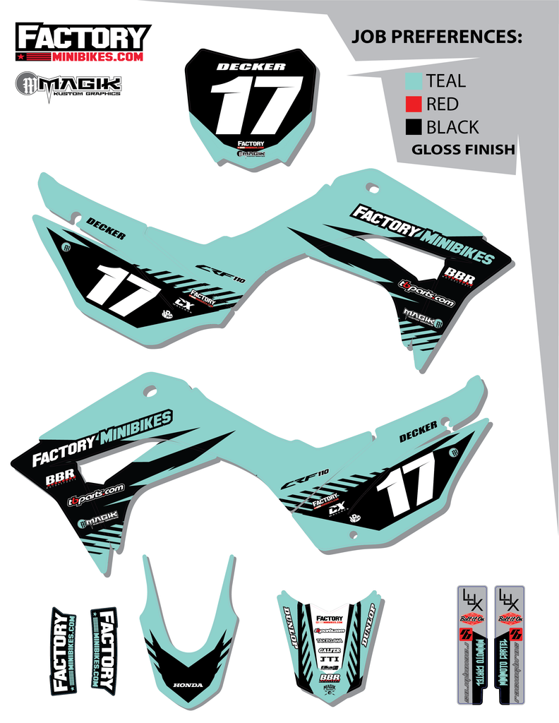 CRF110 Factory Minibikes Custom Graphics Kit w/ Name & Numbers ...